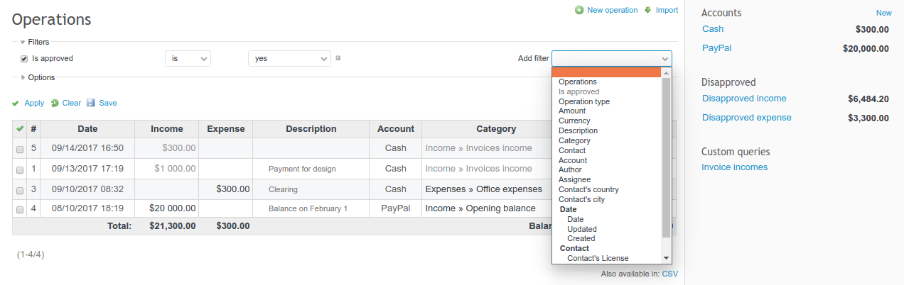 Filters and queries | Finances plugin documentation